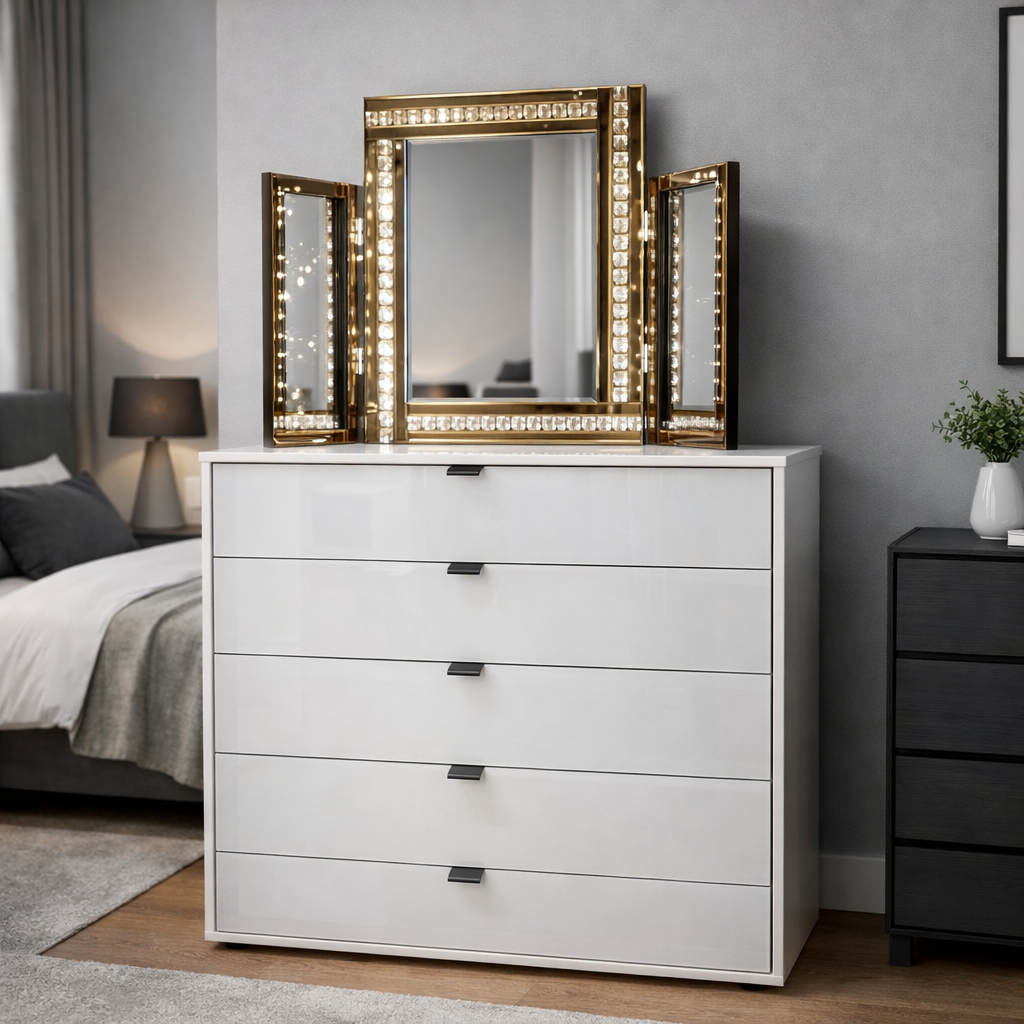 Miami Plus 5 Drawer White Glass Chest of Drawers Slate Handles ...